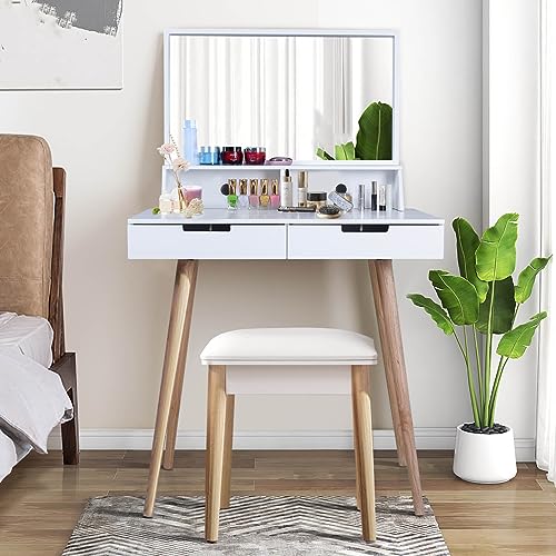 RIDFY Vanity Desk with 2 Drawers, Makeup Desk with Lighted Mirror,Mordern Dressing Table Set for Home Office Desk,Laptop,Study Writing, White