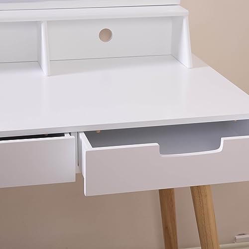 RIDFY Vanity Desk with 2 Drawers, Makeup Desk with Lighted Mirror,Mordern Dressing Table Set for Home Office Desk,Laptop,Study Writing, White