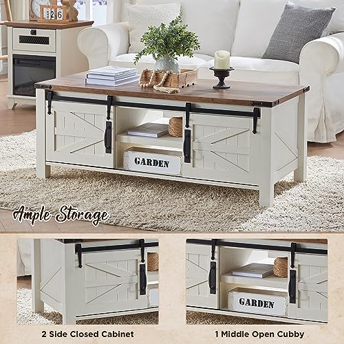 OKD Farmhouse Coffee Table, 48" Storage Center Table with Sliding Barn Doors, Rustic Wood Rectangular Cocktail Table with w/Adjustable Shelves for Living Room, Antique White