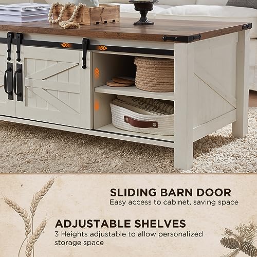 OKD Farmhouse Coffee Table, 48" Storage Center Table with Sliding Barn Doors, Rustic Wood Rectangular Cocktail Table with w/Adjustable Shelves for Living Room, Antique White