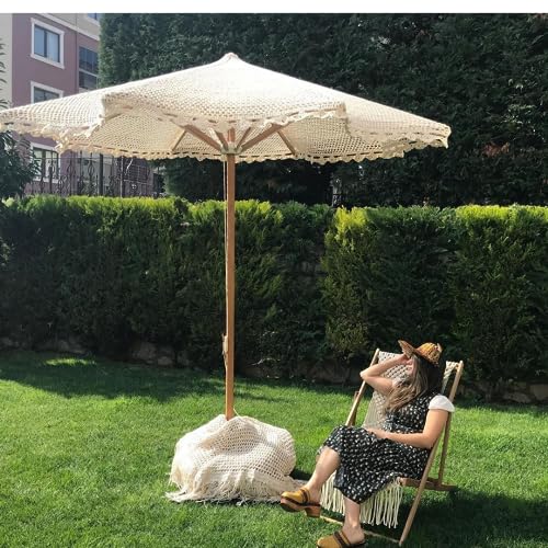 Macrame Umbrella Cover - Home Boho Decor Garden Beach Parasol Cotton Beige With Tassels, Umbrella with Fringe - Patio Umbrella - UV50+ Sun Protection, Waterproof Outdoor Umbrella Cover for 8.2' Umbrellas (ONLY COVER)