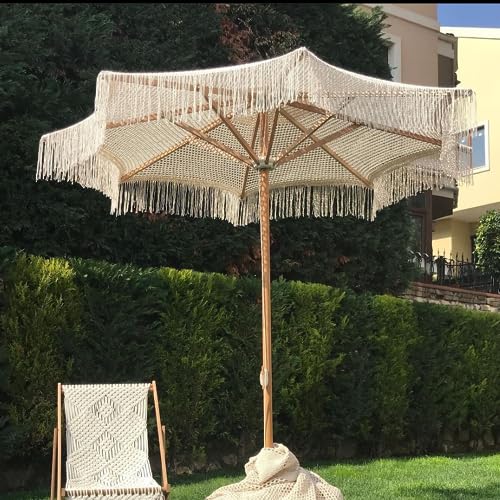 Macrame Umbrella Cover - Home Boho Decor Garden Beach Parasol Cotton Beige With Tassels, Umbrella with Fringe - Patio Umbrella - UV50+ Sun Protection, Waterproof Outdoor Umbrella Cover for 8.2' Umbrellas (ONLY COVER)