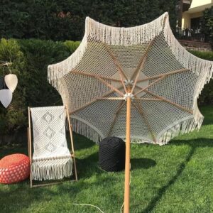 Macrame Umbrella Cover - Home Boho Decor Garden Beach Parasol Cotton Beige With Tassels, Umbrella with Fringe - Patio Umbrella - UV50+ Sun Protection, Waterproof Outdoor Umbrella Cover for 8.2' Umbrellas (ONLY COVER)