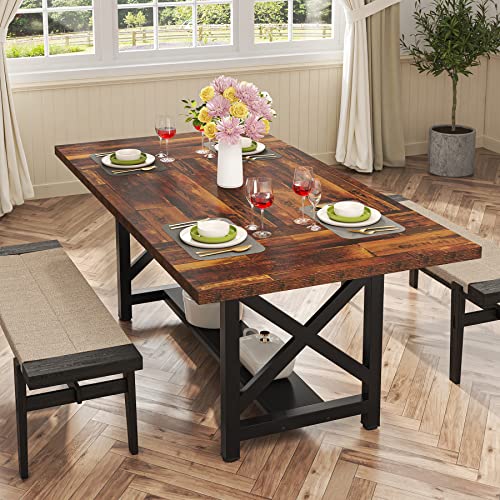 Tribesigns 70.8 Inch Dining Table with Storage Shelf for 6 to 8, Wood Rectangular Kitchen Dining Room Table, Rustic Farmhouse Dinner Table Home Furniture for Dining Room Living Room