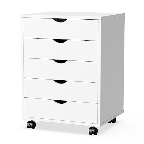 Sweetcrispy 5 Drawer Chest - Storage Cabinets Dressers Wood Dresser Cabinet with Wheels Mobile Organizer Drawers for Office, Bedroom, Home, White