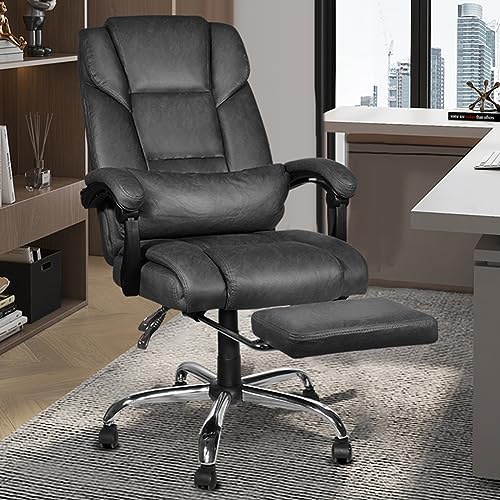 Mimager High Back Executive Office Chair, Reclining Office Chair with Footrest, PU Leather Home Office Desk Chair Adjustable Height, Computer Desk Chair with Lumbar Cushion, Padded Armrests, Black