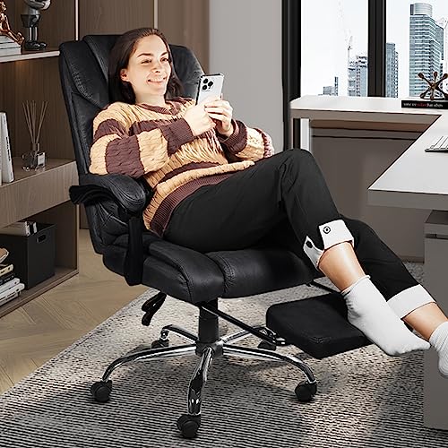 Mimager High Back Executive Office Chair, Reclining Office Chair with Footrest, PU Leather Home Office Desk Chair Adjustable Height, Computer Desk Chair with Lumbar Cushion, Padded Armrests, Black