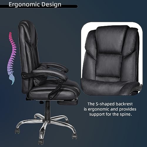 Mimager High Back Executive Office Chair, Reclining Office Chair with Footrest, PU Leather Home Office Desk Chair Adjustable Height, Computer Desk Chair with Lumbar Cushion, Padded Armrests, Black