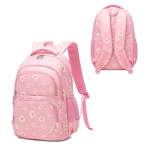 ZHIERNA School Backpack 3PCs Daisy Prints Set With Lunch Bag, Bookbags with Pen Case For Teen Girls Kindergarten Elementary（Pink）