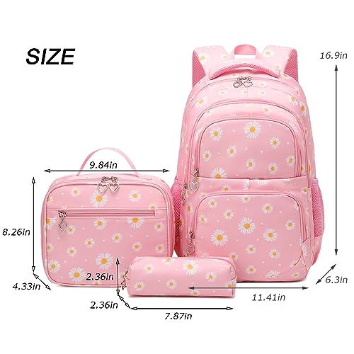 ZHIERNA School Backpack 3PCs Daisy Prints Set With Lunch Bag, Bookbags with Pen Case For Teen Girls Kindergarten Elementary（Pink）