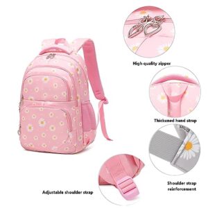 ZHIERNA School Backpack 3PCs Daisy Prints Set With Lunch Bag, Bookbags with Pen Case For Teen Girls Kindergarten Elementary（Pink）