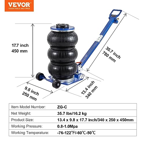 VEVOR Air Jack, 3 Ton/6600 lbs Triple Bag Air Jack, Airbag Jack with Six Steel Pipes, Lift up to 17.7", 3-5 s Fast Lifting Pneumatic Jack, with Adjustable Long Handles for Cars, Garages, Repair (Blue)