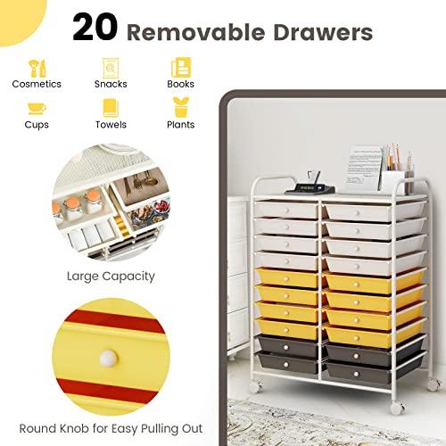 MEDIMALL 20 Drawers Rolling Storage Cart, Multipurpose Craft Storage Cart with Wheels, Mobile Tools Scrapbook Paper Organizer Cart for Office School Home Use (Yellow)