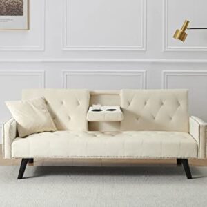 Verfur Button Tufted Convertible Futon Sofa Bed,Modern Velvet Upholstery Sleeper Couch Daybed with 2 Cup Holders and Square Armrests for Small Places Sofabed, Beige 72" with 1 Pillow