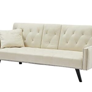 Verfur Button Tufted Convertible Futon Sofa Bed,Modern Velvet Upholstery Sleeper Couch Daybed with 2 Cup Holders and Square Armrests for Small Places Sofabed, Beige 72" with 1 Pillow