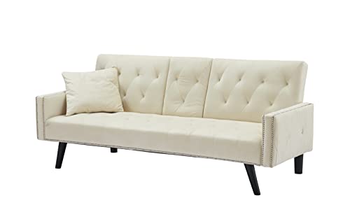 Verfur Button Tufted Convertible Futon Sofa Bed,Modern Velvet Upholstery Sleeper Couch Daybed with 2 Cup Holders and Square Armrests for Small Places Sofabed, Beige 72" with 1 Pillow