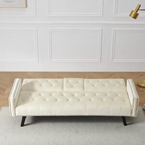 Verfur Button Tufted Convertible Futon Sofa Bed,Modern Velvet Upholstery Sleeper Couch Daybed with 2 Cup Holders and Square Armrests for Small Places Sofabed, Beige 72" with 1 Pillow