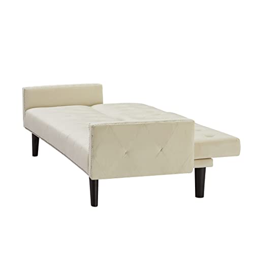 Verfur Button Tufted Convertible Futon Sofa Bed,Modern Velvet Upholstery Sleeper Couch Daybed with 2 Cup Holders and Square Armrests for Small Places Sofabed, Beige 72" with 1 Pillow