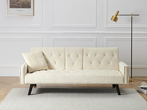 Verfur Button Tufted Convertible Futon Sofa Bed,Modern Velvet Upholstery Sleeper Couch Daybed with 2 Cup Holders and Square Armrests for Small Places Sofabed, Beige 72" with 1 Pillow