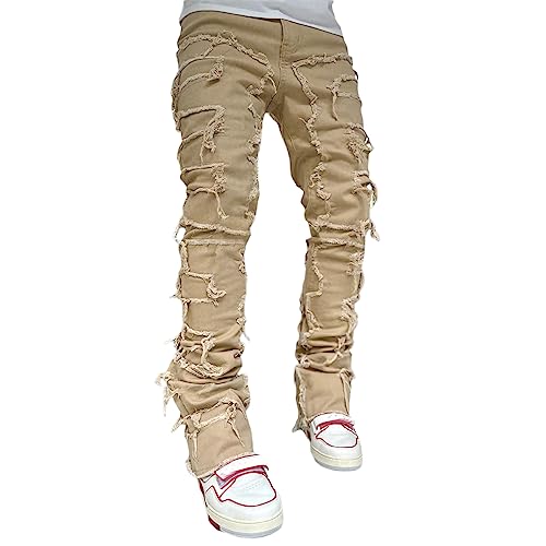 DSORVICD Mens Stacked Jeans Slim Fit Ripped Distressed Jeans Destroyed Straight Denim Pants Y2k Jeans Streetwear (Khaki, L)