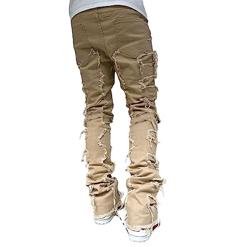 DSORVICD Mens Stacked Jeans Slim Fit Ripped Distressed Jeans Destroyed Straight Denim Pants Y2k Jeans Streetwear (Khaki, L)