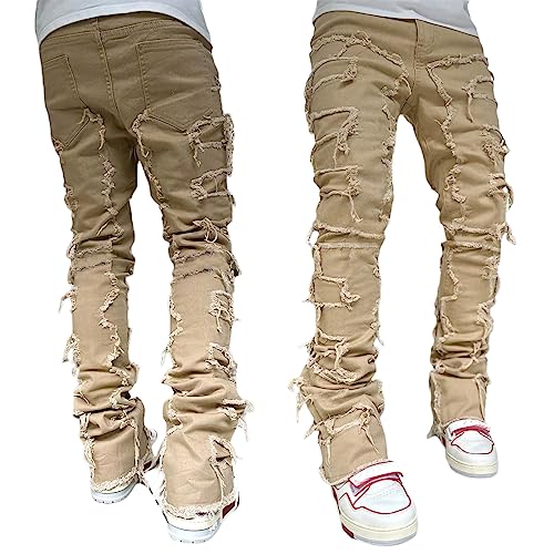 DSORVICD Mens Stacked Jeans Slim Fit Ripped Distressed Jeans Destroyed Straight Denim Pants Y2k Jeans Streetwear (Khaki, L)