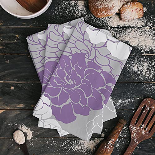 Savannan Dish Cloths for Kitchen, Peony Floral Print Abstract Geometric Pattern Purple Grey White,Super Soft and Absorbent,Reusable Polyester Towels for Home,Kitchen,18"x28", 2 Pack