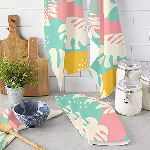 Kitchen Towels Dish Towel Set of 1,Morandi Palm Leaves Teal Pink Absorbent Hand Towels Cleaning Dishcloth Tea Towels,Mid Century Tropical Botanical Reusable Drying Dish Cloths