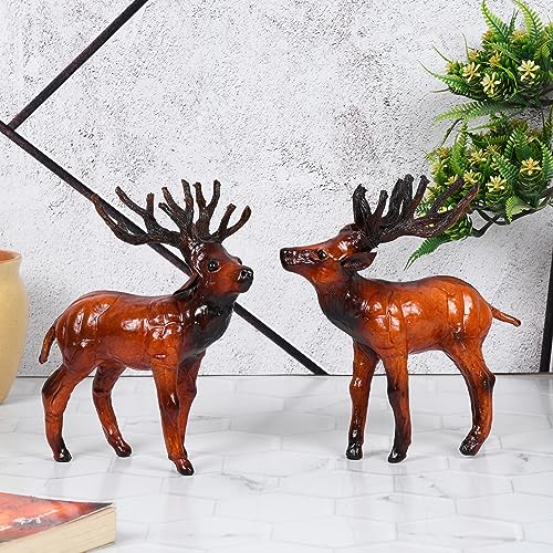 Kalakriti Handicraft Leather Reindeer (8inch, Brown), Set of 2 for Home Decor/Gift