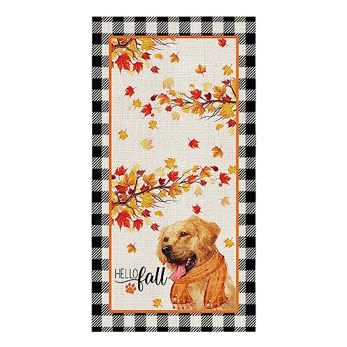 Yun Nist Kitchen Dish Towels,Golden Retriever Fall Orange Leaves Soft Microfiber Dish Cloths Reusable Hand Towels,Thanksgiving Dog Plaid Washable Tea Towel for Dishes Counters 1 Pack