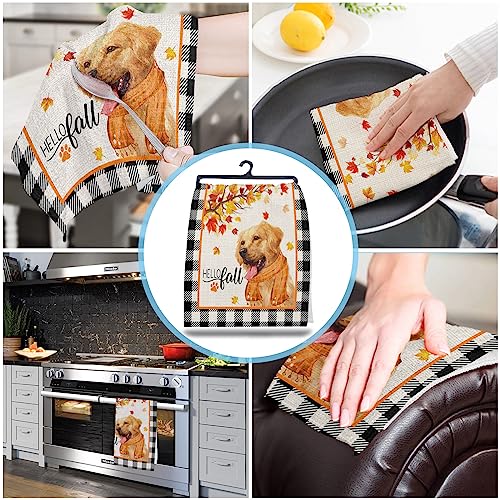 Yun Nist Kitchen Dish Towels,Golden Retriever Fall Orange Leaves Soft Microfiber Dish Cloths Reusable Hand Towels,Thanksgiving Dog Plaid Washable Tea Towel for Dishes Counters 1 Pack