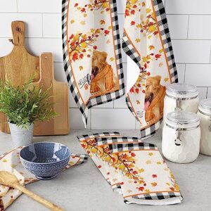 Yun Nist Kitchen Dish Towels,Golden Retriever Fall Orange Leaves Soft Microfiber Dish Cloths Reusable Hand Towels,Thanksgiving Dog Plaid Washable Tea Towel for Dishes Counters 1 Pack