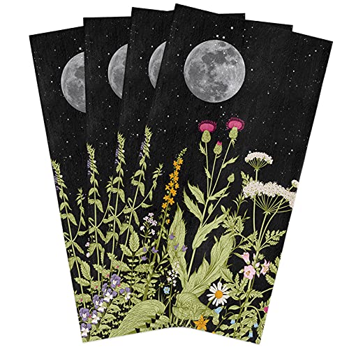 Segard Kitchen Towels Dish Towel Set of 4,Pastoral Green Herb Floral Moon Black Absorbent Hand Towels Cleaning Dishcloth Tea Towels,Farm Flower Botanical Plant Reusable Drying Dish Cloths