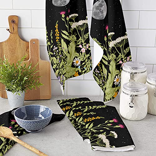 Segard Kitchen Towels Dish Towel Set of 4,Pastoral Green Herb Floral Moon Black Absorbent Hand Towels Cleaning Dishcloth Tea Towels,Farm Flower Botanical Plant Reusable Drying Dish Cloths