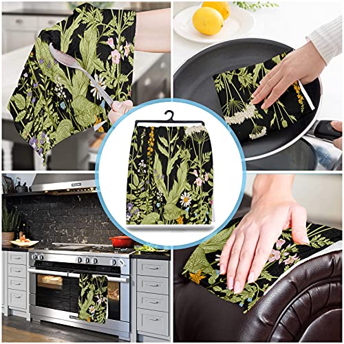 Segard Kitchen Towels Dish Towel Set of 4,Pastoral Green Herb Floral Moon Black Absorbent Hand Towels Cleaning Dishcloth Tea Towels,Farm Flower Botanical Plant Reusable Drying Dish Cloths