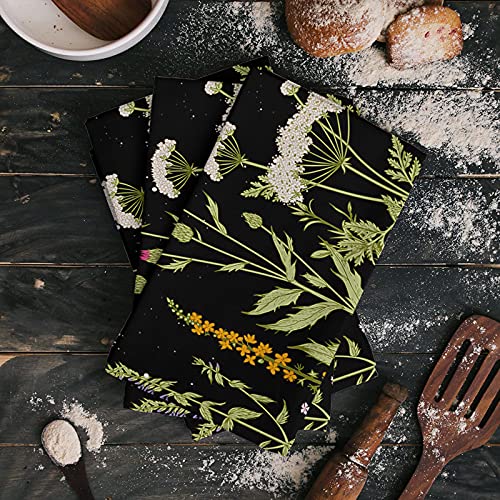 Segard Kitchen Towels Dish Towel Set of 4,Pastoral Green Herb Floral Moon Black Absorbent Hand Towels Cleaning Dishcloth Tea Towels,Farm Flower Botanical Plant Reusable Drying Dish Cloths