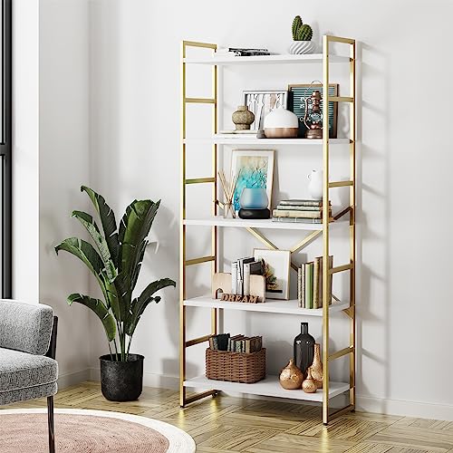 Shintenchi 5 Tiers Bookshelf, Classically Tall Bookcase Shelf, Industrial Book Rack, Modern Book Holder in Bedroom/Living Room/Home/Office, Storage Rack Shelves for Books/Movies,Gold