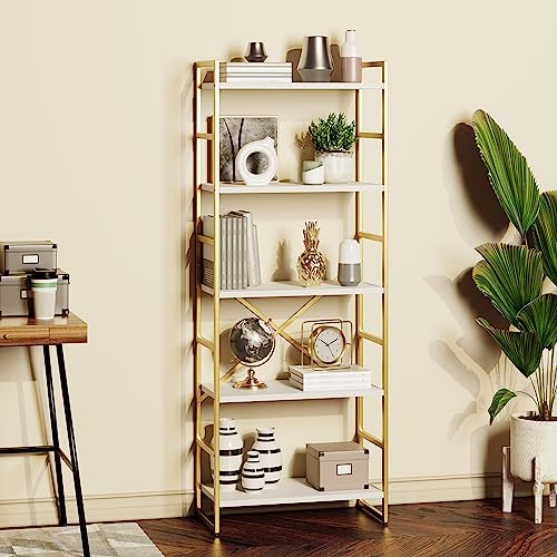 Shintenchi 5 Tiers Bookshelf, Classically Tall Bookcase Shelf, Industrial Book Rack, Modern Book Holder in Bedroom/Living Room/Home/Office, Storage Rack Shelves for Books/Movies,Gold