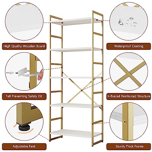 Shintenchi 5 Tiers Bookshelf, Classically Tall Bookcase Shelf, Industrial Book Rack, Modern Book Holder in Bedroom/Living Room/Home/Office, Storage Rack Shelves for Books/Movies,Gold