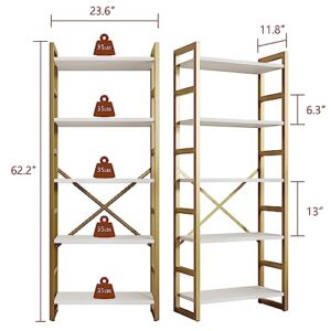 Shintenchi 5 Tiers Bookshelf, Classically Tall Bookcase Shelf, Industrial Book Rack, Modern Book Holder in Bedroom/Living Room/Home/Office, Storage Rack Shelves for Books/Movies,Gold