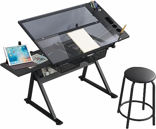 Drafting Printing Table with Chair & Storage Drawer,Tempered Glass Professhional, Adjustable Extended & Storage Cabinet, for Office School, Black