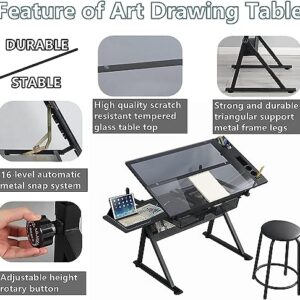 Drafting Printing Table with Chair & Storage Drawer,Tempered Glass Professhional, Adjustable Extended & Storage Cabinet, for Office School, Black