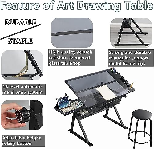 Drafting Printing Table with Chair & Storage Drawer,Tempered Glass Professhional, Adjustable Extended & Storage Cabinet, for Office School, Black