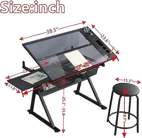 Drafting Printing Table with Chair & Storage Drawer,Tempered Glass Professhional, Adjustable Extended & Storage Cabinet, for Office School, Black