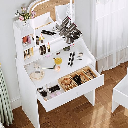 LIKIMIO Small Makeup Vanity Desk with Mirror and Lights, Vanity Table Set with Storage Drawer & Chair & 3 Shelves, Bedroom, White