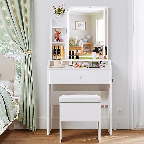 LIKIMIO Small Makeup Vanity Desk with Mirror and Lights, Vanity Table Set with Storage Drawer & Chair & 3 Shelves, Bedroom, White