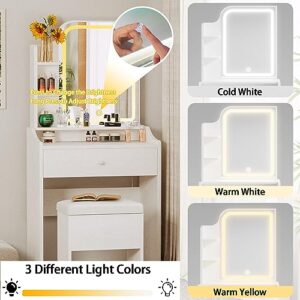 LIKIMIO Small Makeup Vanity Desk with Mirror and Lights, Vanity Table Set with Storage Drawer & Chair & 3 Shelves, Bedroom, White