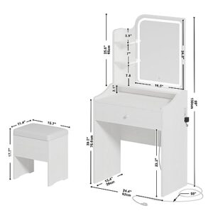 LIKIMIO Small Makeup Vanity Desk with Mirror and Lights, Vanity Table Set with Storage Drawer & Chair & 3 Shelves, Bedroom, White