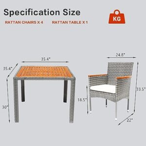 ARTBUSKE 5 Pieces Patio Dining Sets for 4 Outdoor Patio Furniture Sets with Acacia Wood Table Top Wicker Patio Table and Chairs Set for Patio,Yard,Deck,Balcony,Grey