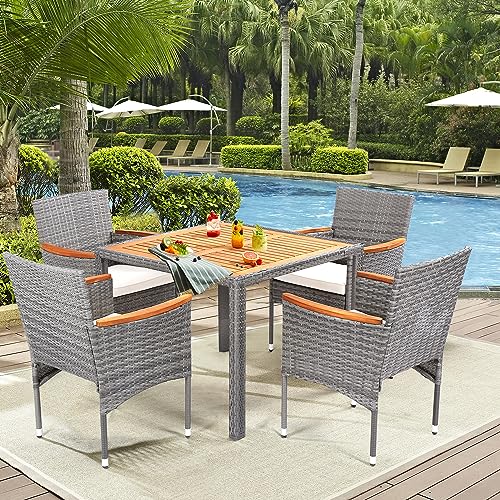 ARTBUSKE 5 Pieces Patio Dining Sets for 4 Outdoor Patio Furniture Sets with Acacia Wood Table Top Wicker Patio Table and Chairs Set for Patio,Yard,Deck,Balcony,Grey